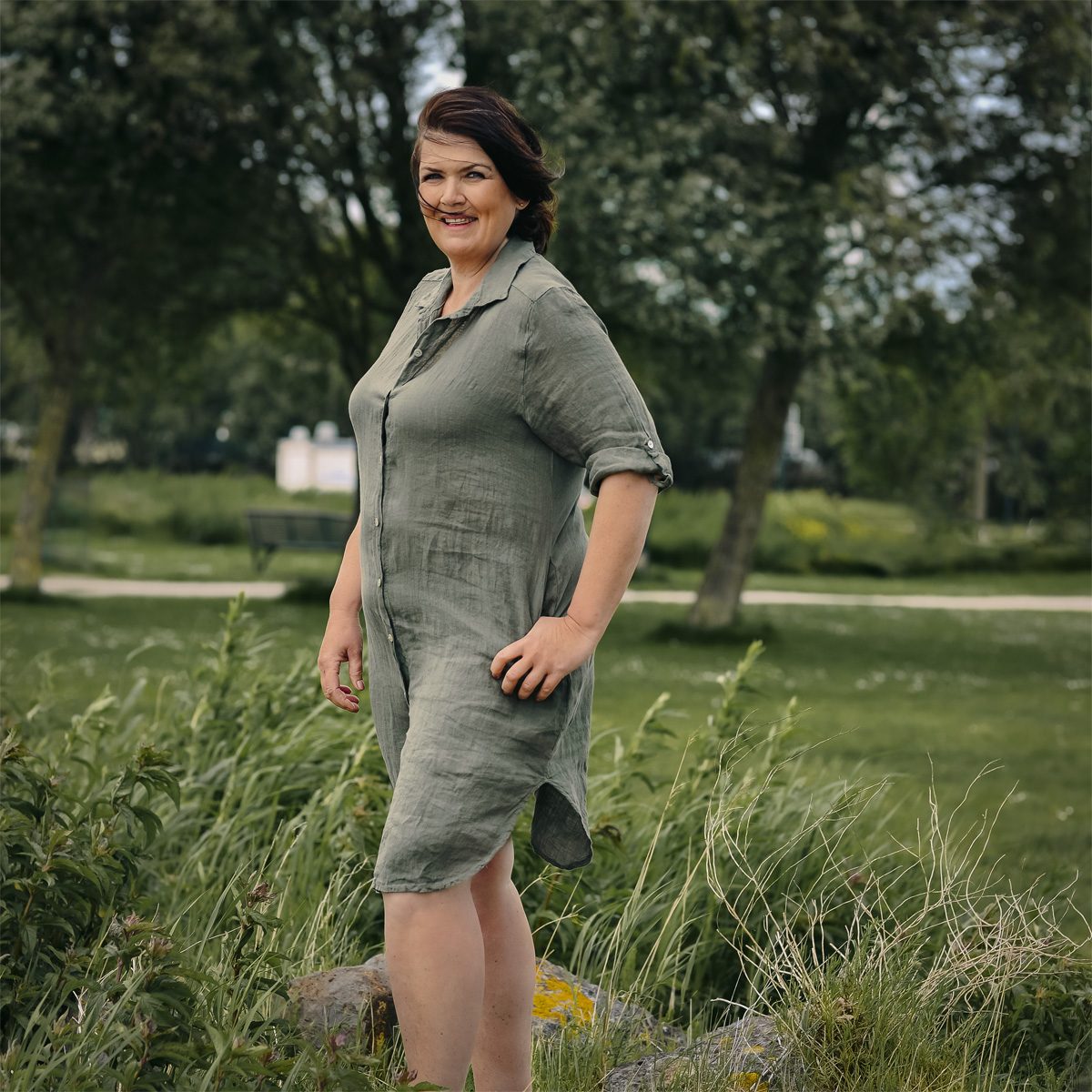 Linnen blouse lang plus maat khaki - Linnen-Kleding.nl